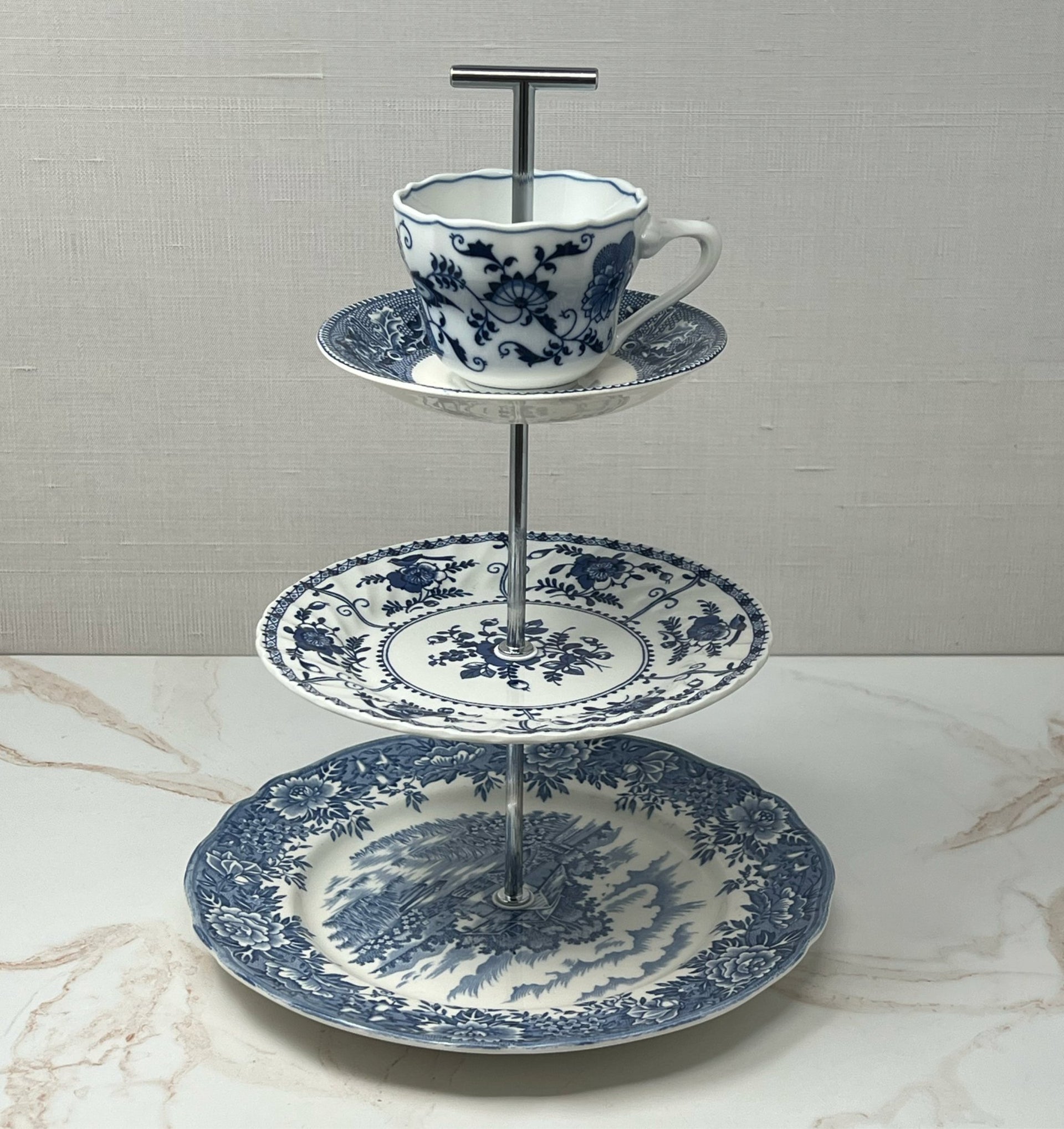 Elegant Blue & White 3-Tier Tea Tray with Teacup Top | Vintage Charm ...