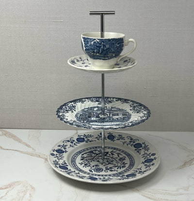 Elegant Blue & White 3-Tier Tea Tray with Teacup Top | Vintage Charm ...
